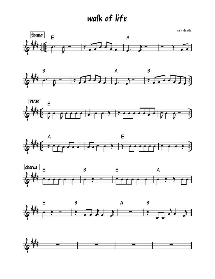 Walk of life – Dire Straits Sheet Music with Chords for Piano (Solo ...