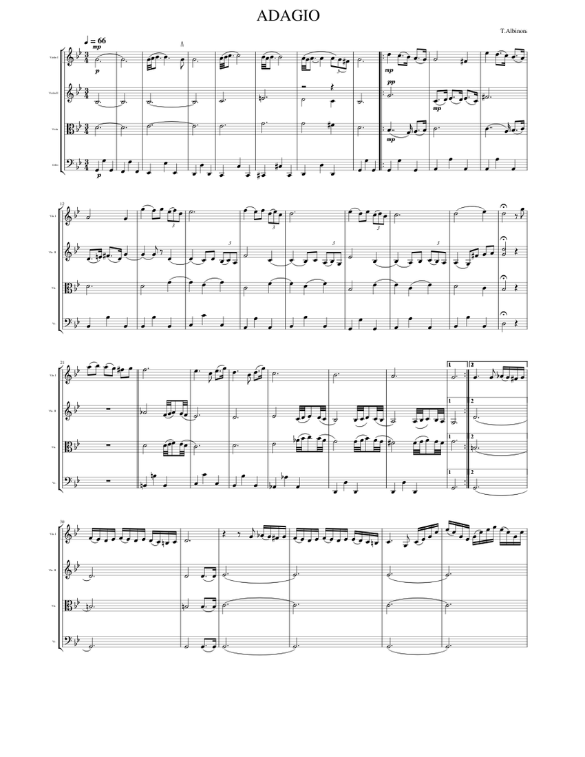 Adagio – Tomaso Albinoni Albinoni Sheet Music for Viola, Cello, Strings ...
