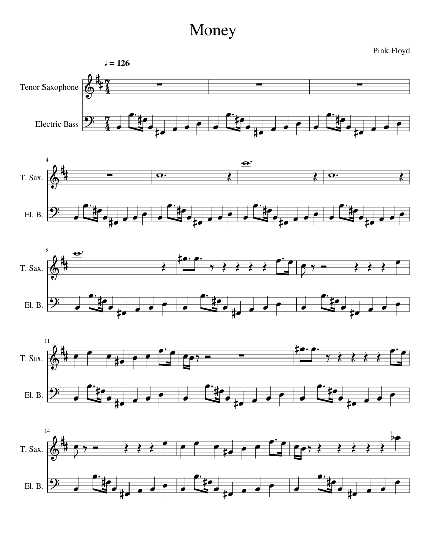 Money Sheet music for Saxophone tenor, Bass guitar (Mixed Duet ...