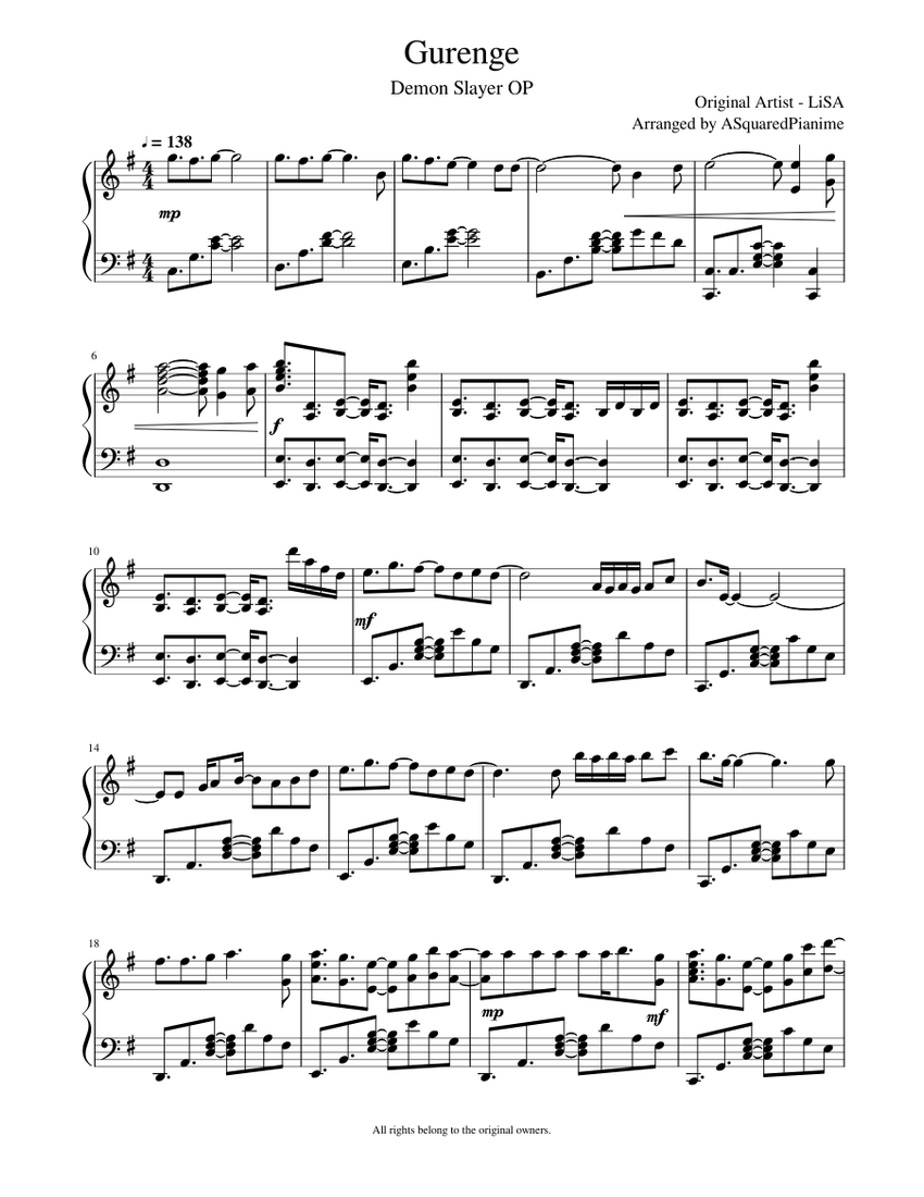 Demon Slayer OP - Gurenge Sheet Music for Piano (Solo) | MuseScore.com