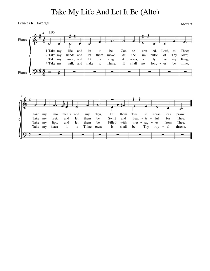 Take My Life And Let It Be (Alto) - Mozart Sheet music for Piano (Piano ...