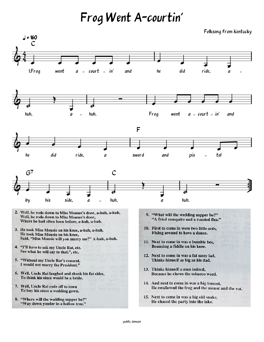 Frog Went A-courtin' (Lead sheet with lyrics ) Sheet Music for Piano ...