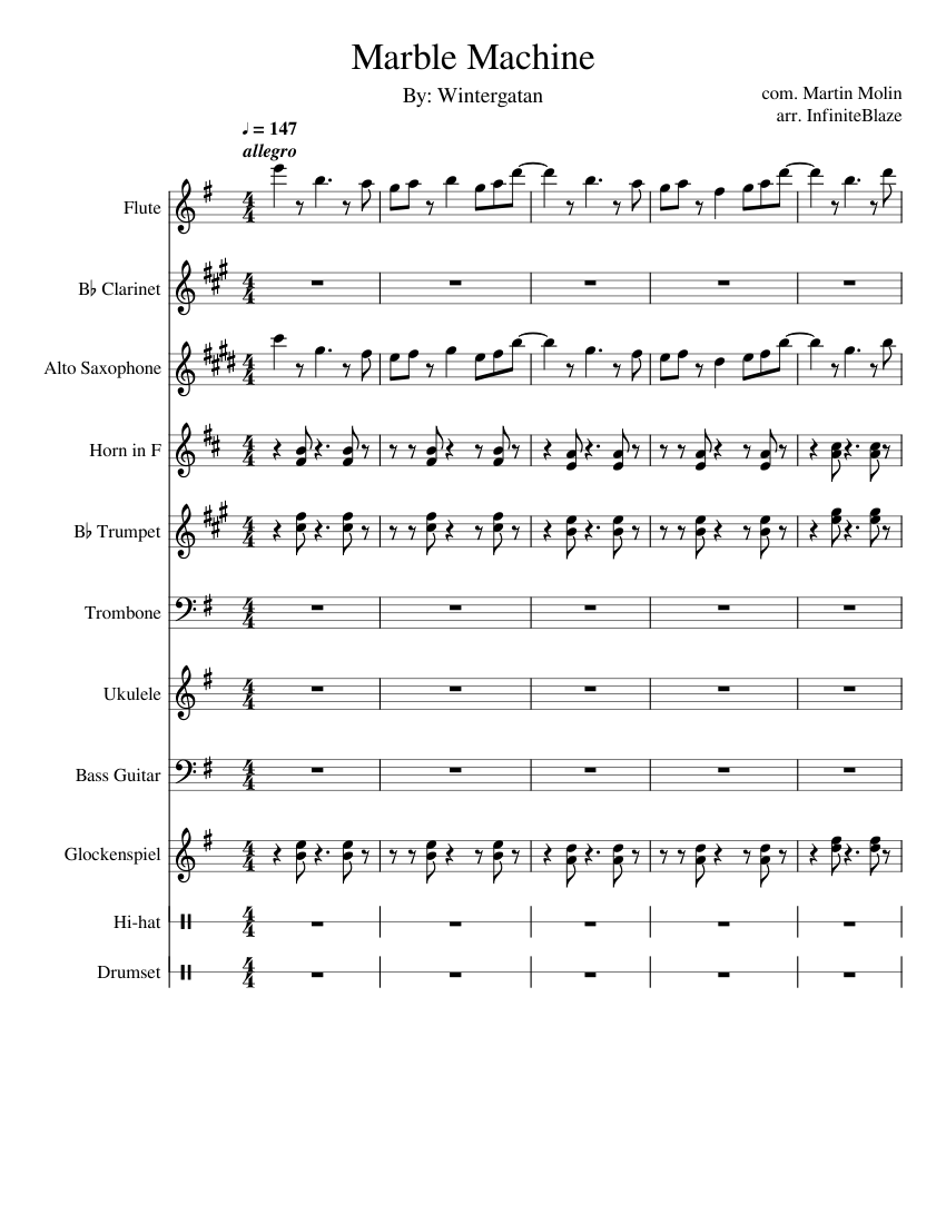 marble machine Sheet music for Trombone, Flute, Clarinet in b-flat ...