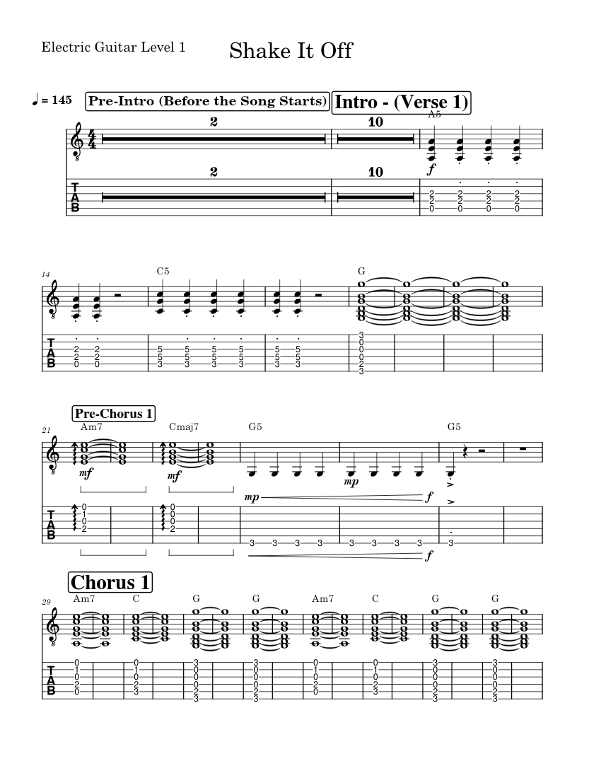 Shake It Off - Taylor Swift (Electric Guitar Level 1) Sheet Music for ...