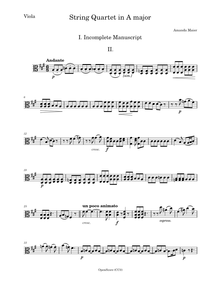 String Quartet in A Major – Amanda Maier MVTS II and III ONLY - Viola ...