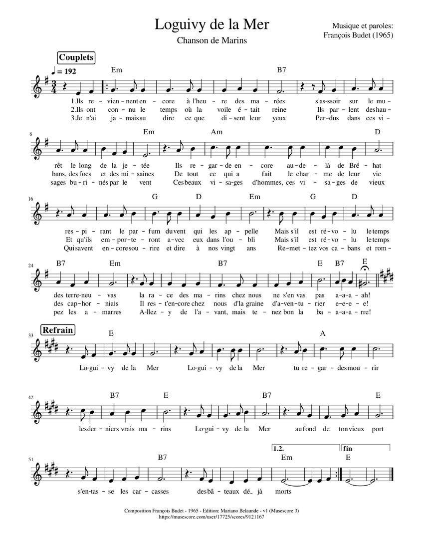 Loguivy de la Mer - François Budet Sheet Music with Chords for Piano ...