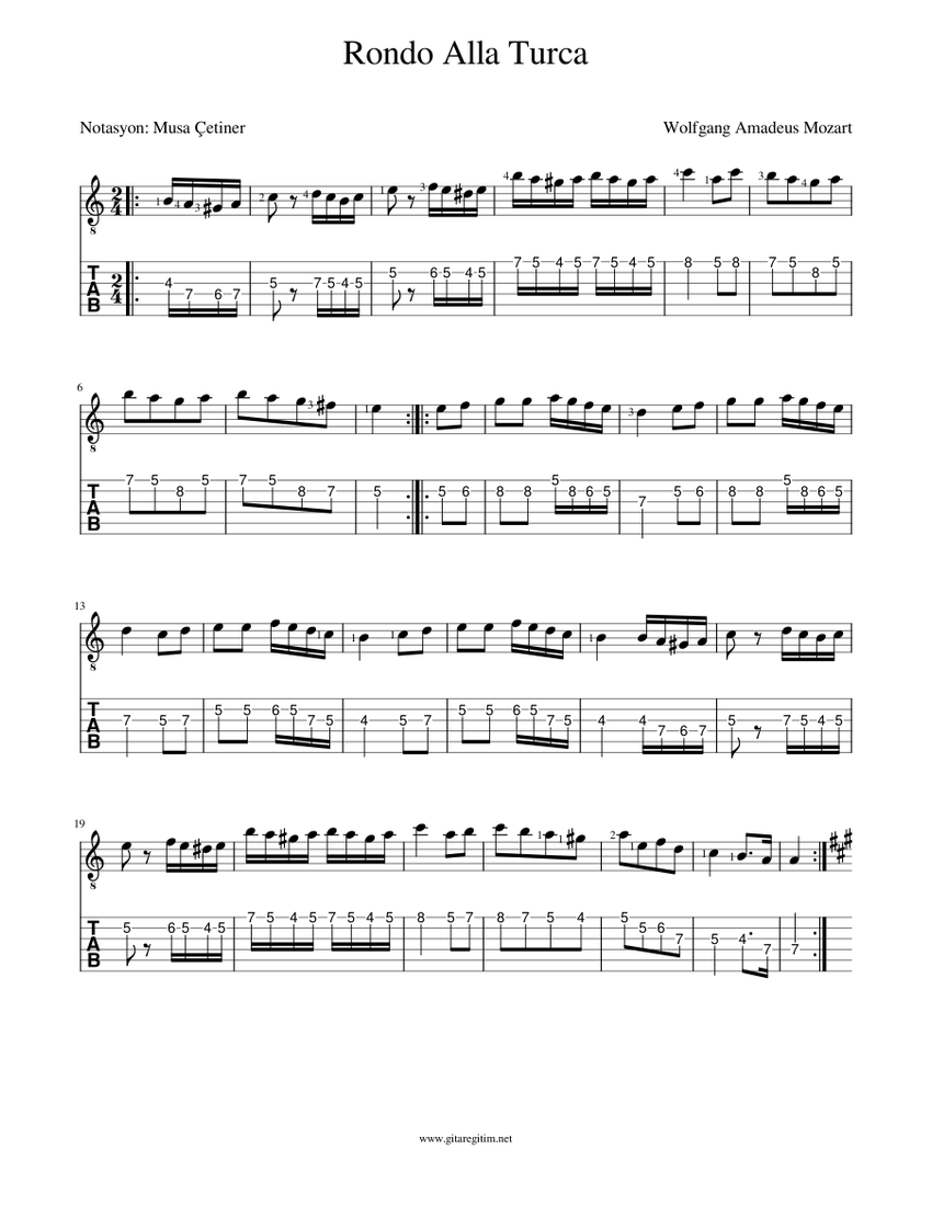 Mozart - Rondo Alla Turca Sheet Music and Tab for Guitar (Solo ...
