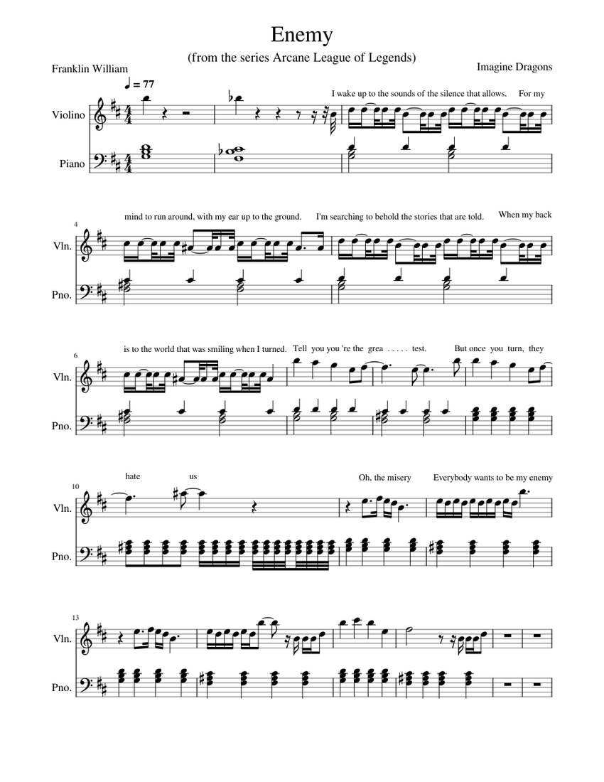 Enemy - Imagine Dragons (Violin sheet music) Sheet Music for Piano ...
