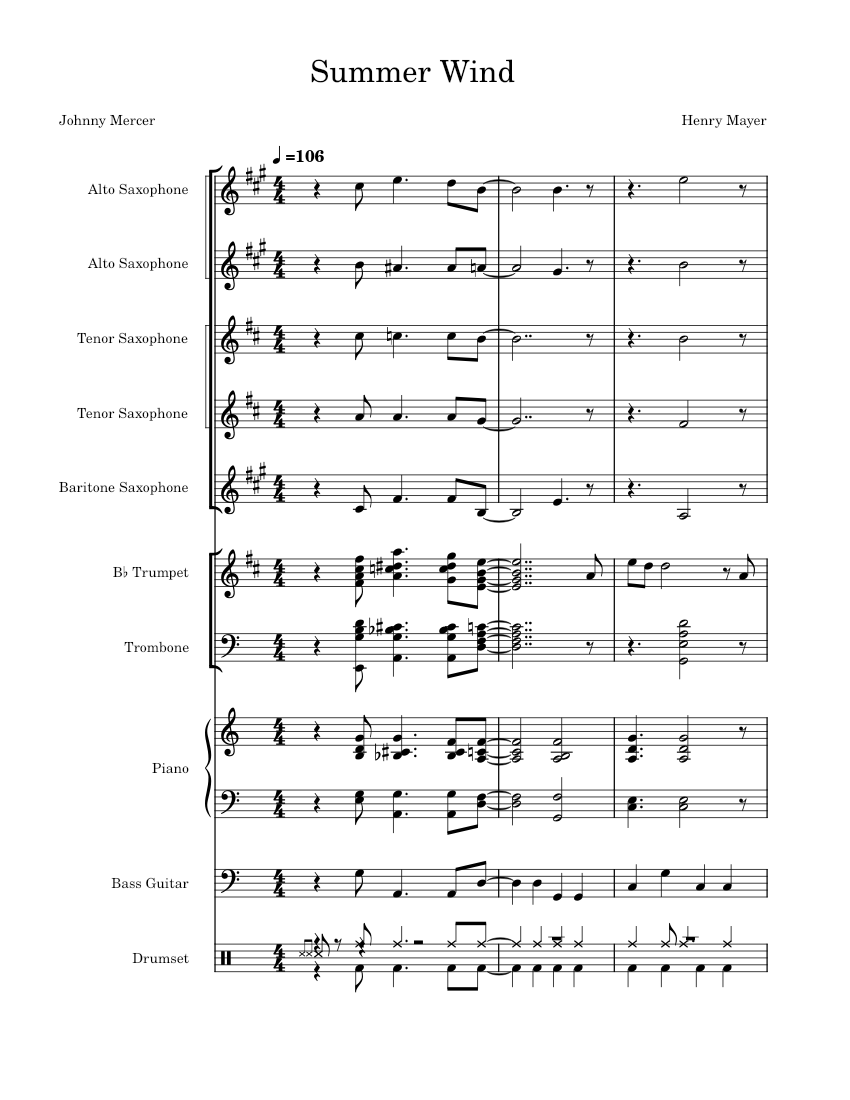 summer wind Sheet Music for Piano, Trombone, Saxophone alto, Saxophone ...