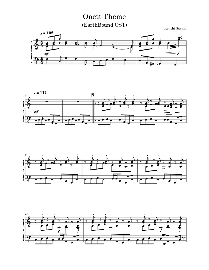 EarthBound_Onett Theme_Solo piano arrangement Sheet Music for Piano ...