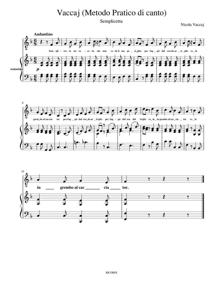 Vaccaj (Semplecita) Sheet music for Piano, Vocals (Piano-Voice ...