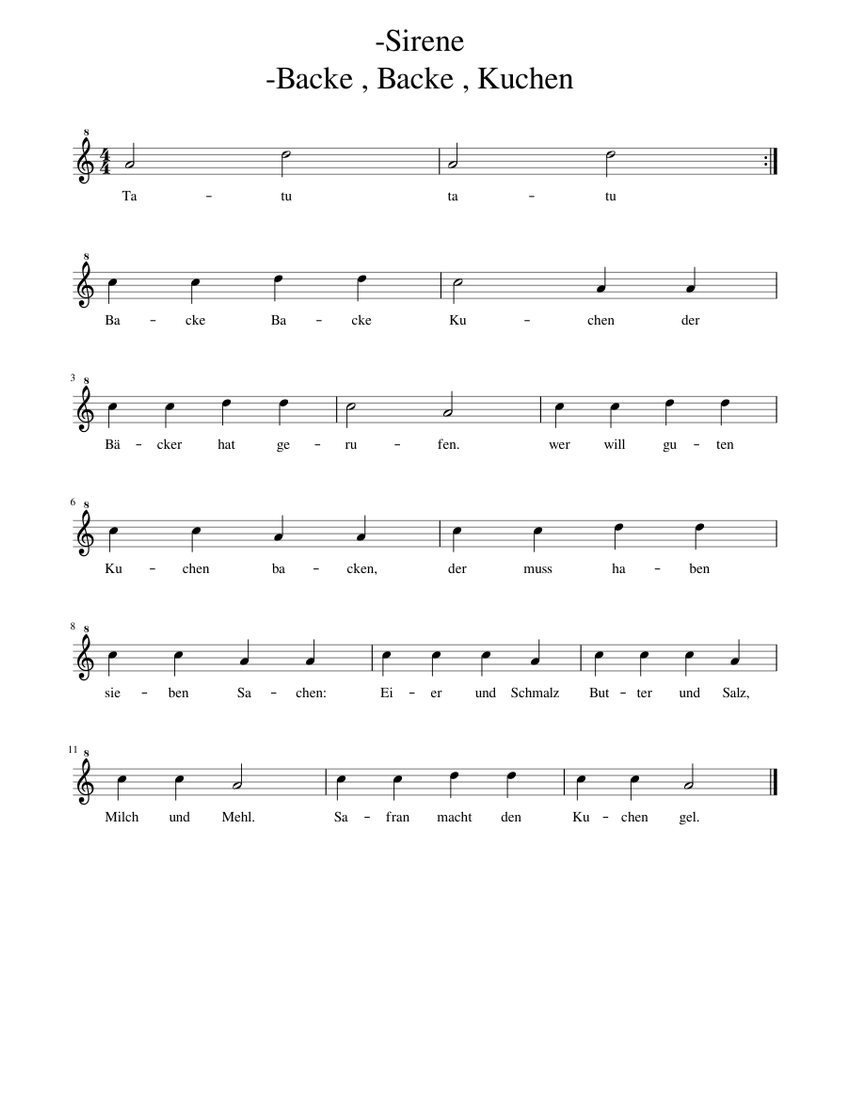 -Sirene -Backe , Backe , Kuchen Sheet music for Recorder (Solo ...