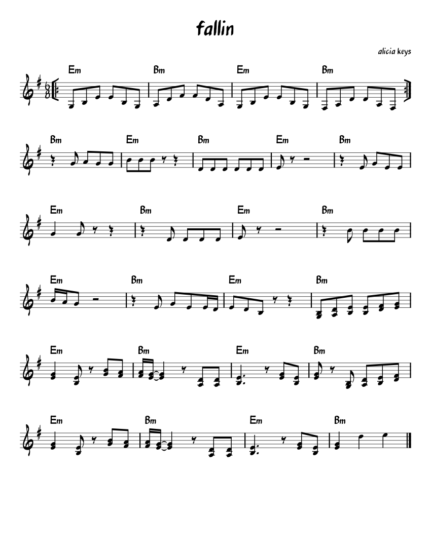 Fallin' – Alicia Keys Sheet Music with Chords for Piano (Solo) Easy ...