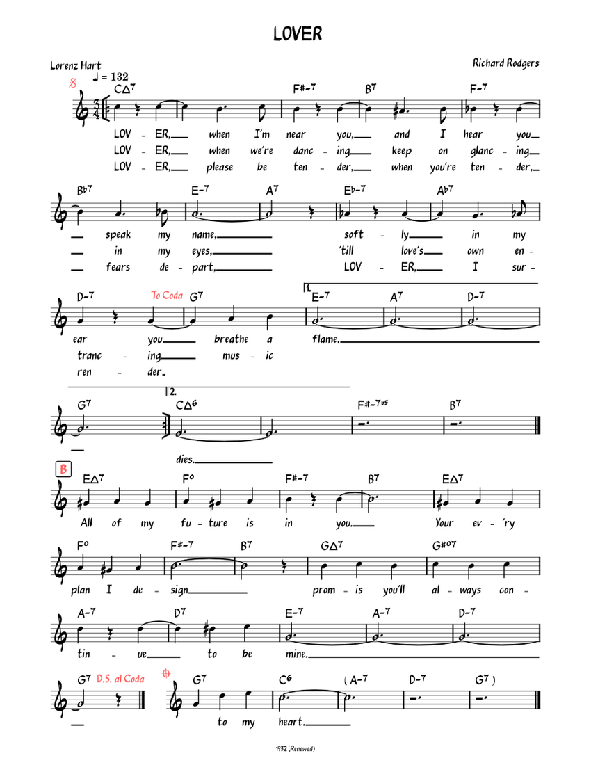 Lover (Lead sheet with lyrics) Sheet Music for Piano (Solo) Easy ...