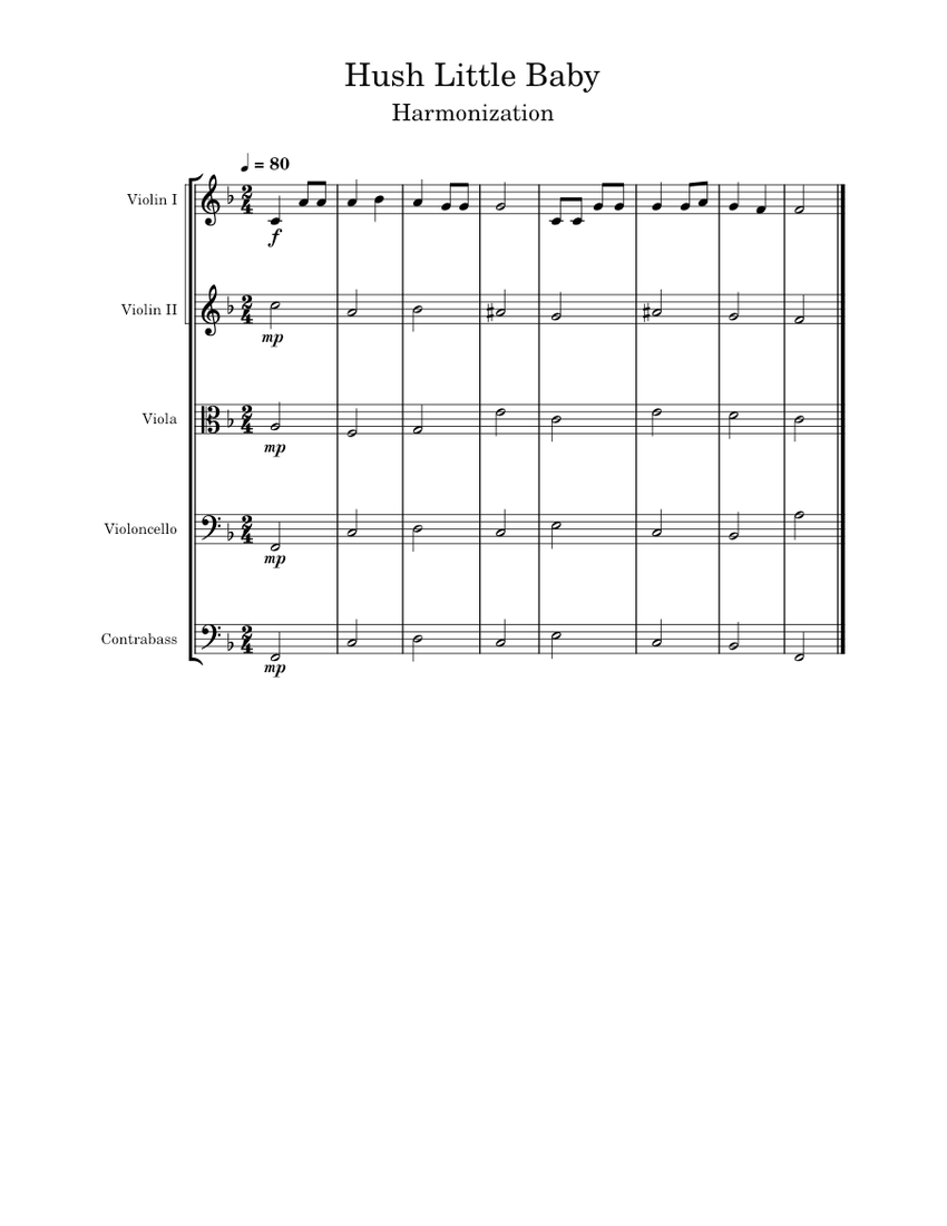 Hush Little Baby Sheet Music for Contrabass, Violin, Viola, Cello ...
