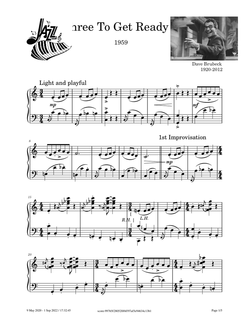Three To Get Ready – Dave Brubeck Sheet Music for Piano (Solo ...