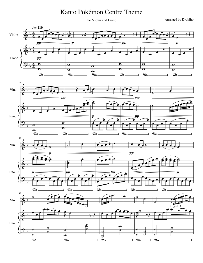 Kanto Pokémon Center Theme - for Violin and Piano Sheet Music for Piano ...