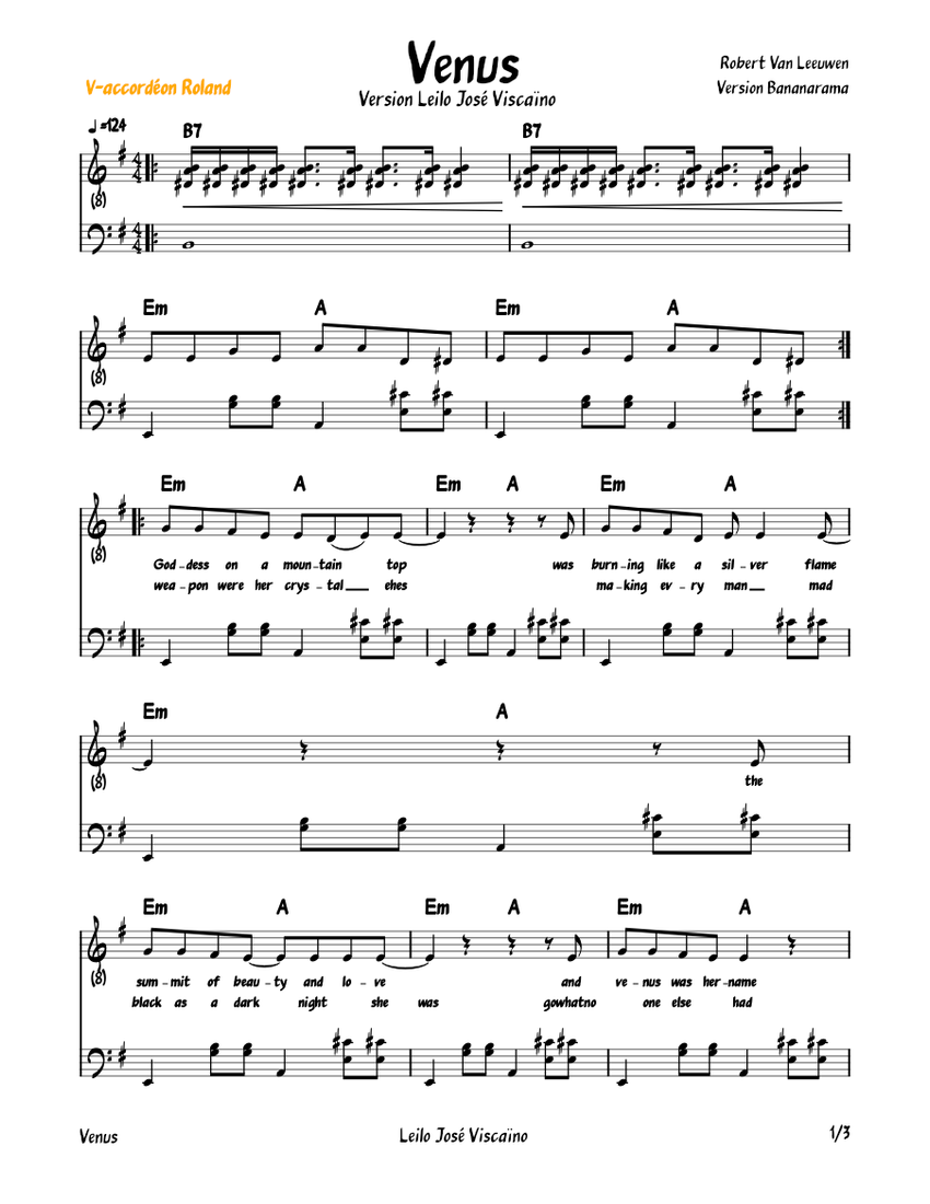 Venus Bananarama Version Accordeon Sheet Music with Chords for Piano ...