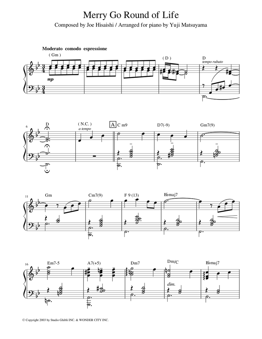 Merry Go Round Of Life Piano Sheet Music