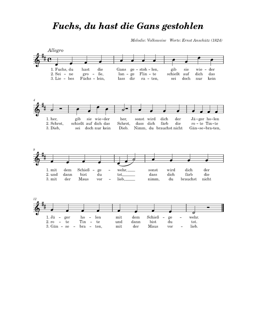 Fuchs, du hast die Gans gestohlen Sheet music for Piano (Solo ...