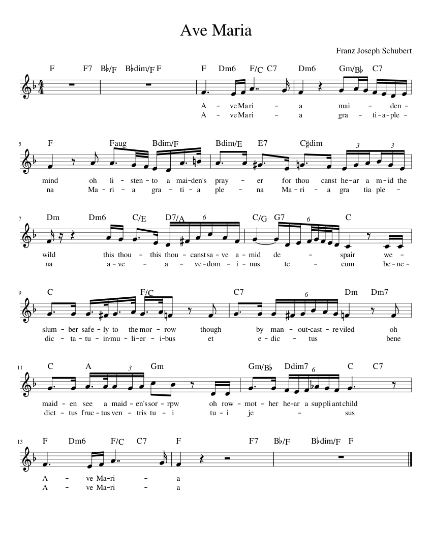 Ave Maria Schubert Lead Sheet Sheet Music with Chords for Piano (Solo ...