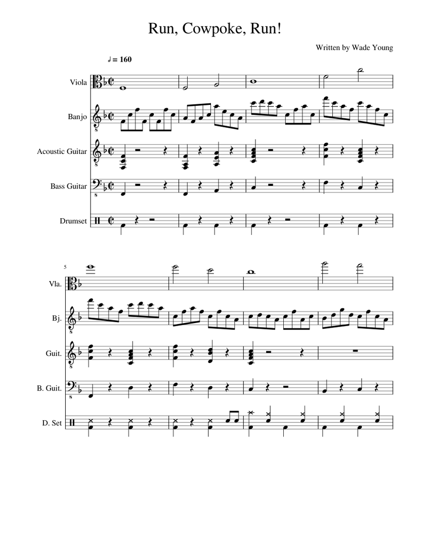 Run, Cowpoke, Run! Sheet music for Viola, Guitar, Bass guitar, Drum ...