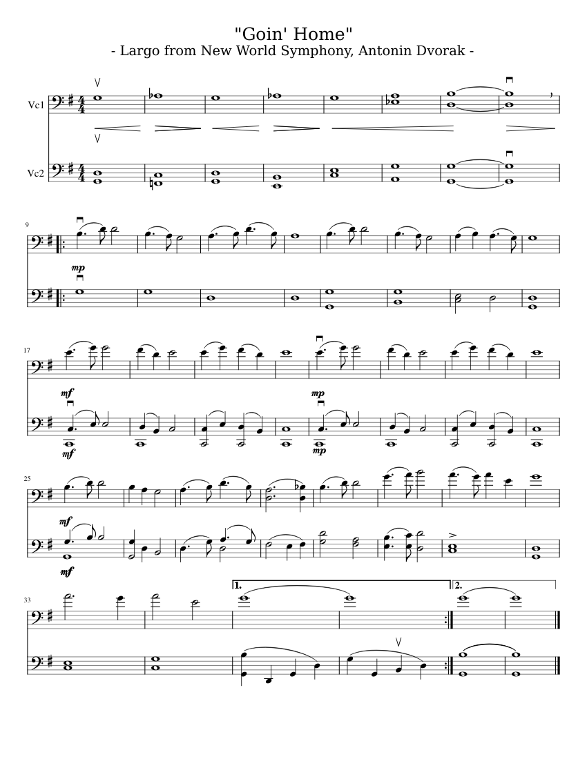 Goin' Home - Dvorak Largo Sheet Music for Cello (String Duet ...