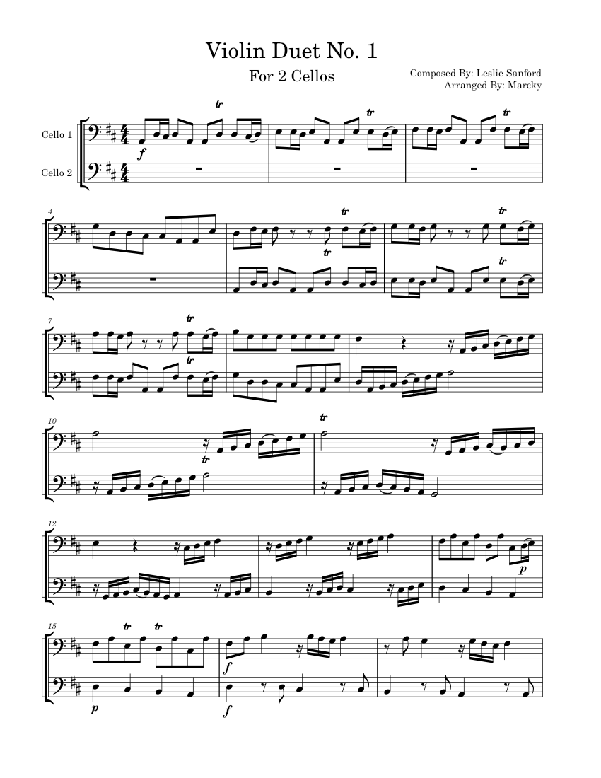 Violin Duet No. 1 (Cello Duet) Sheet Music for Cello (String Duet) | MuseScore.com