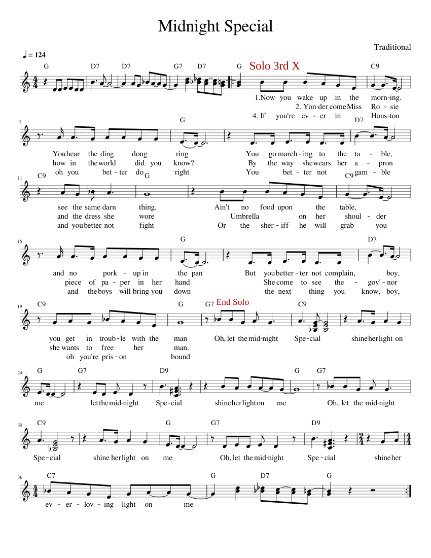 Midnight Special - Lead Sheet Sheet Music with Chords for Piano (Solo ...