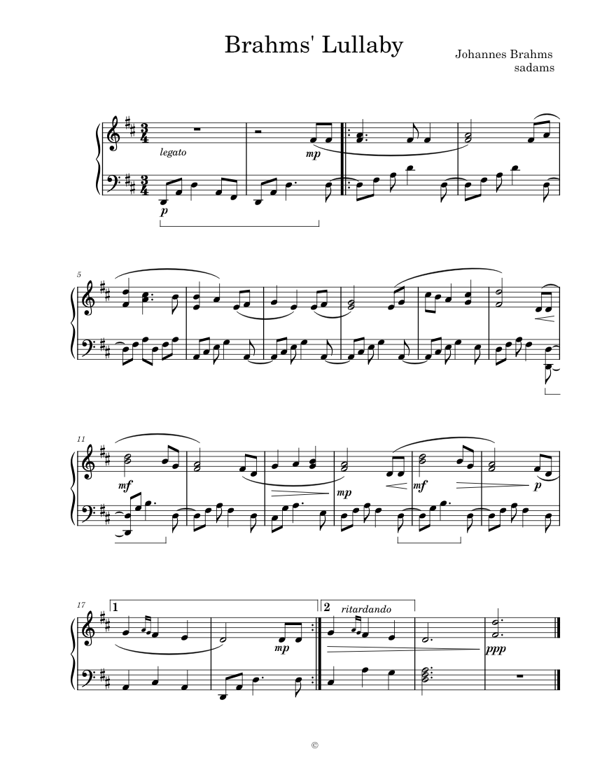Brahms Lullaby – Johannes Brahms Sheet Music for Piano (Solo) easy ...
