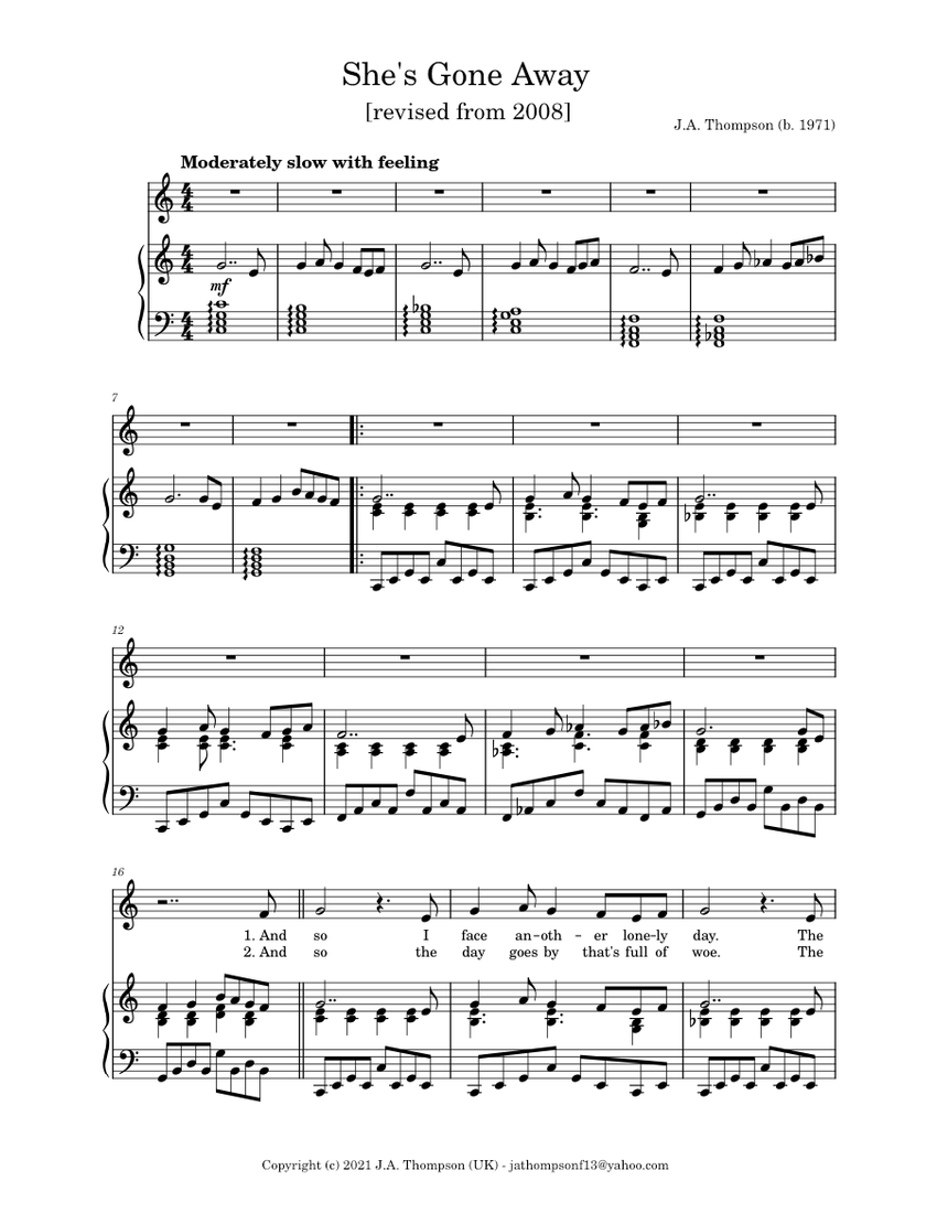She's Gone Away - J.A. Thompson - piano tutorial