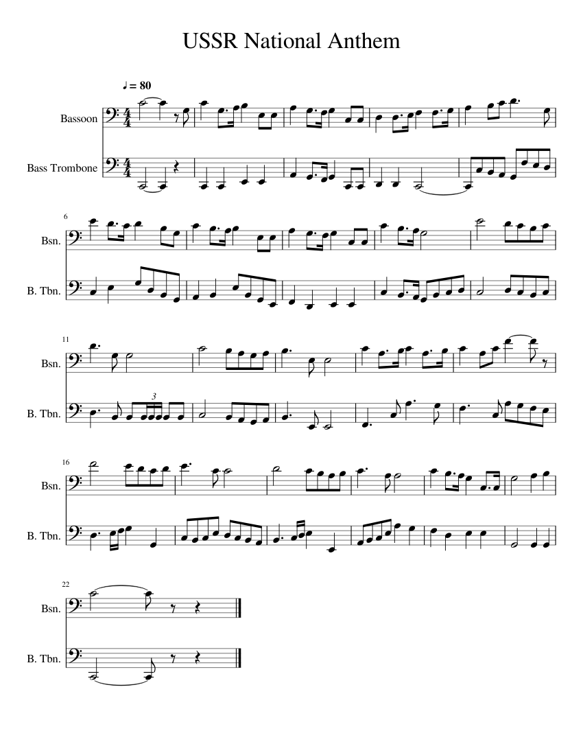 USSR National Anthem Sheet music for Trombone bass, Bassoon (Mixed Duet ...