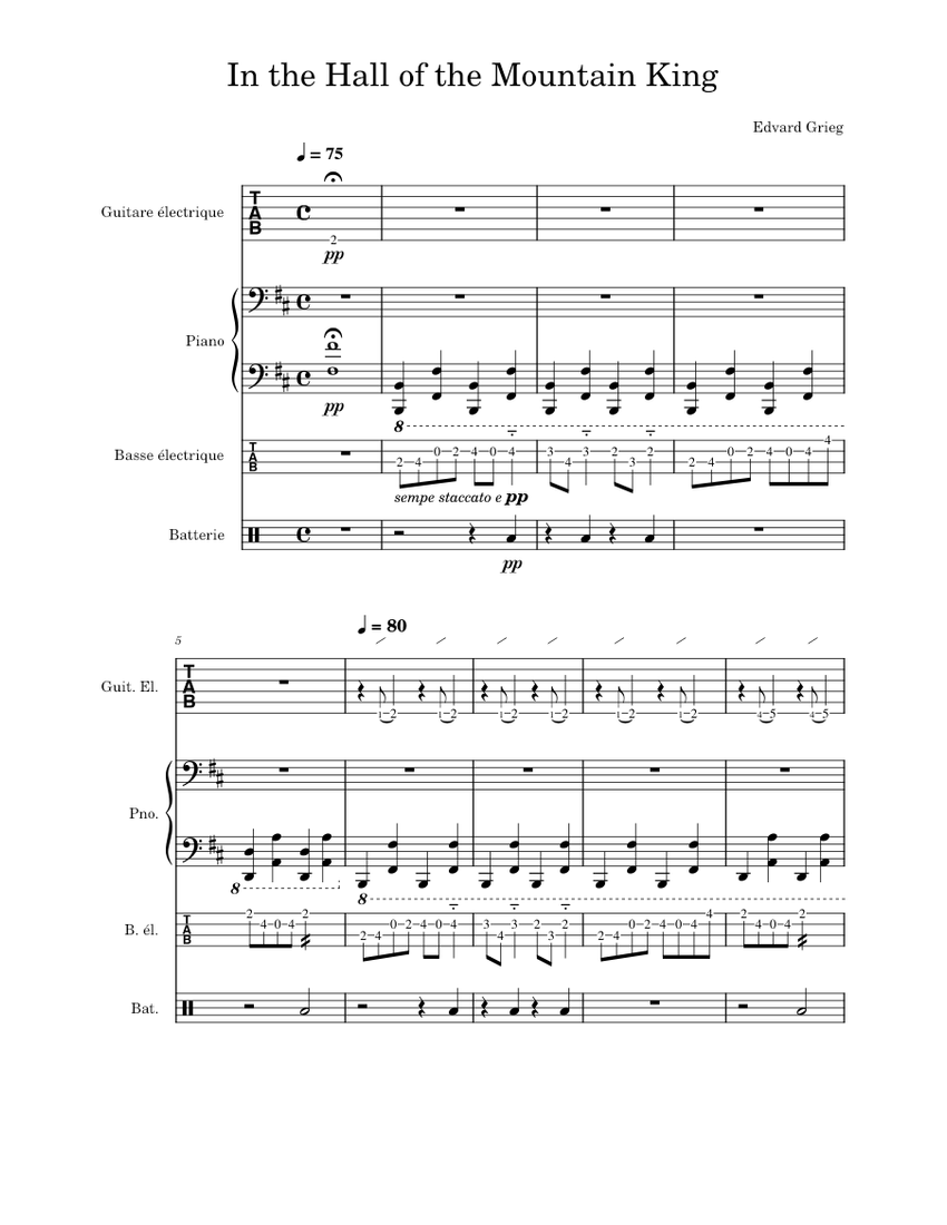 In the Hall of the Mountain King Sheet Music for Piano, Guitar, Bass ...