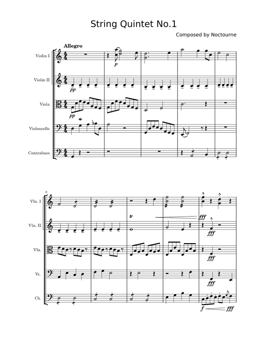 String Quintet in C Minor no.1 Sheet music for Contrabass, Violin, Viola, Cello (String Quintet ...