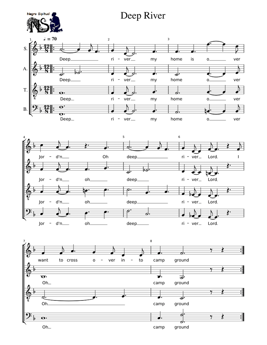 Deep River Sheet Music for Soprano, Alto, Tenor, Bass voice (SATB ...