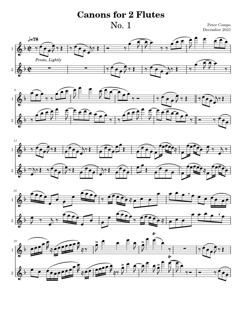 Canon for Two Flutes, No. 1 Sheet music for Flute (Woodwind Duet ...