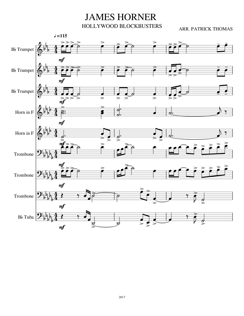 JAMES HORNER Sheet Music for Trombone, Tuba, Trumpet in b-flat, French ...