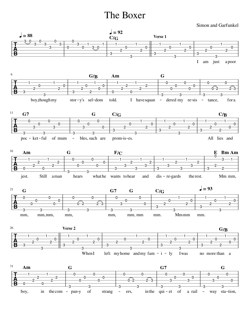 The Boxer - Simon & Garfunkel Sheet Music and Tab with Chords for ...