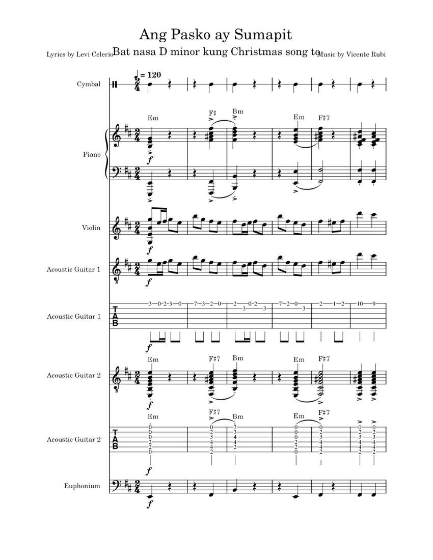 Ang Pasko ay Sumapit Sheet Music and Tab with Chords for Piano, Euphonium, Crash, Violin & more ...