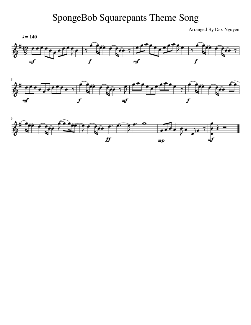 SpongeBob Squarepants Theme Song Sheet music for Violin (Solo ...