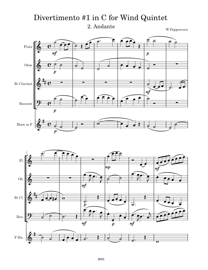 Divertimento #1 for Wind Quintet in C 2. Andante Sheet Music for Flute ...