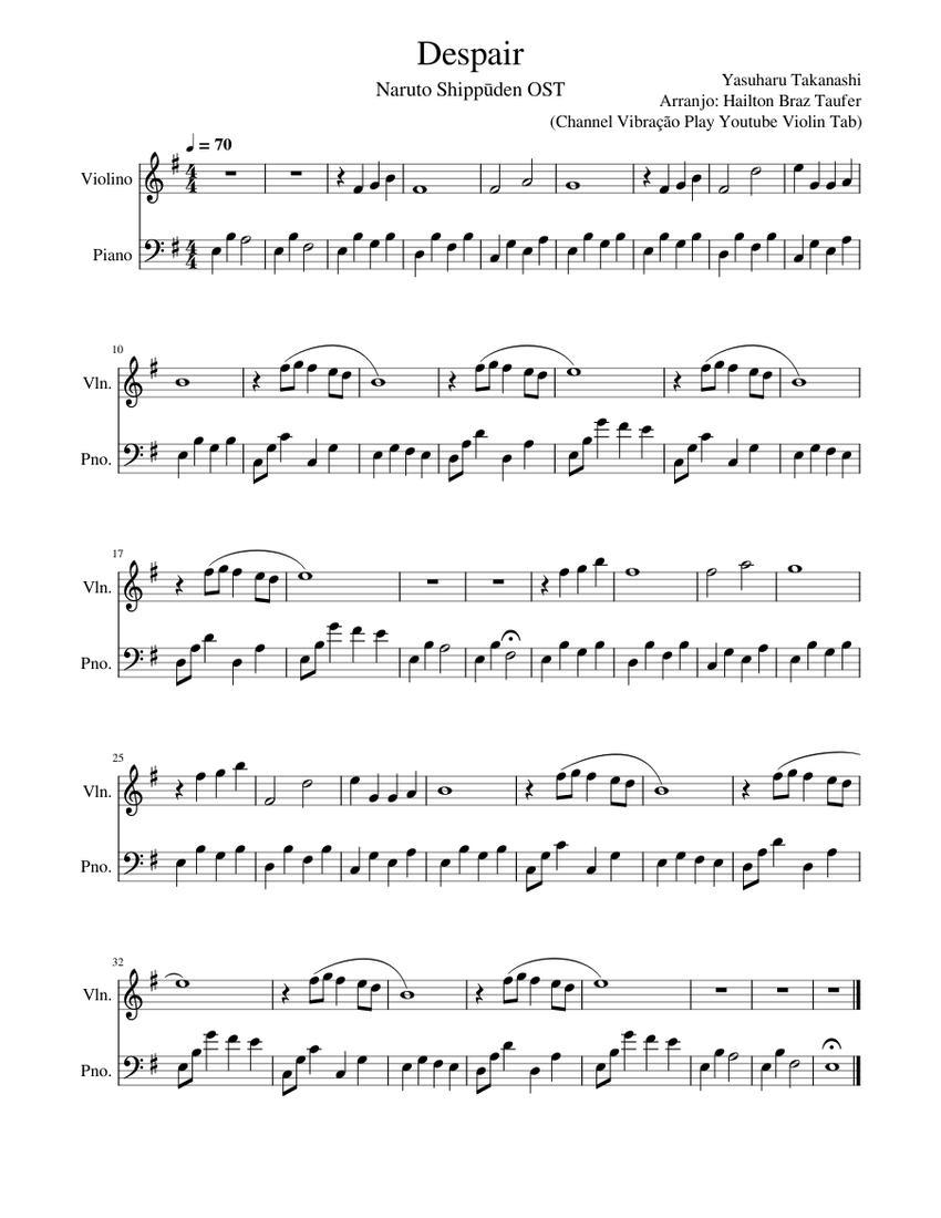 Despair – Naruto Shippuden (Violin Tab Channel Vibração Play Youtube ...
