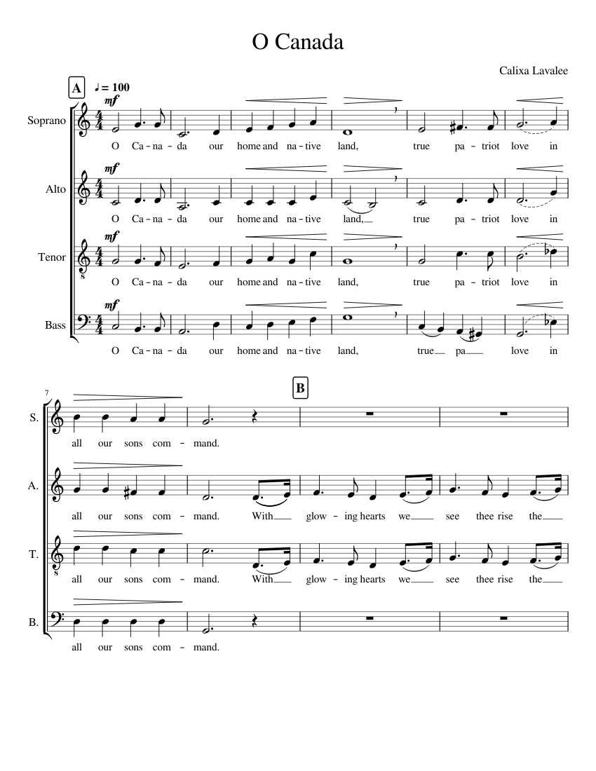 O Canada Sheet Music for Soprano, Alto, Tenor, Bass voice (Choral ...