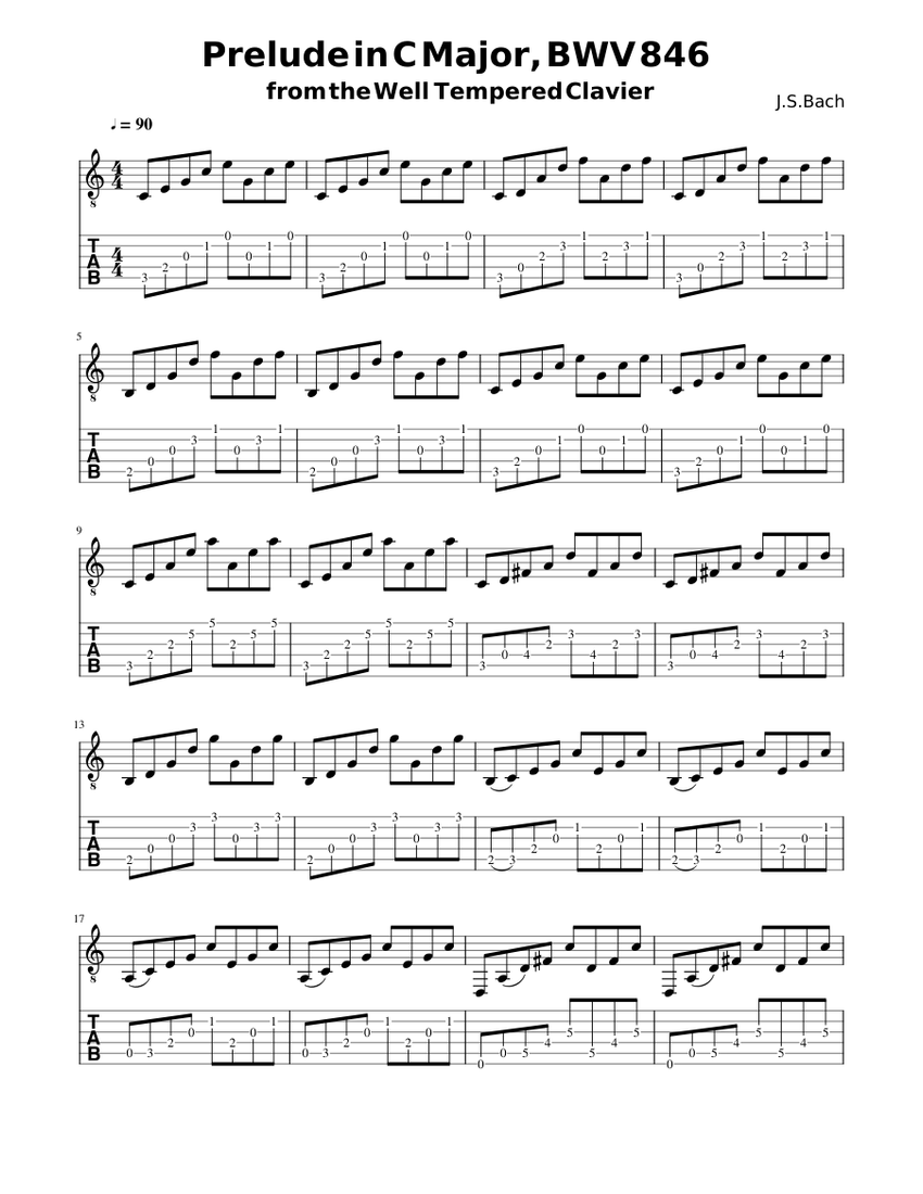 Prelude C Bach Sheet Music and Tab for Guitar (Solo) | MuseScore.com