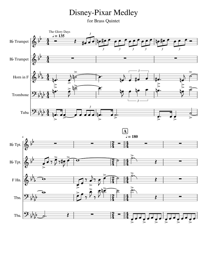 Disney-Pixar Medley Sheet Music for Trombone, Tuba, Trumpet in b-flat ...