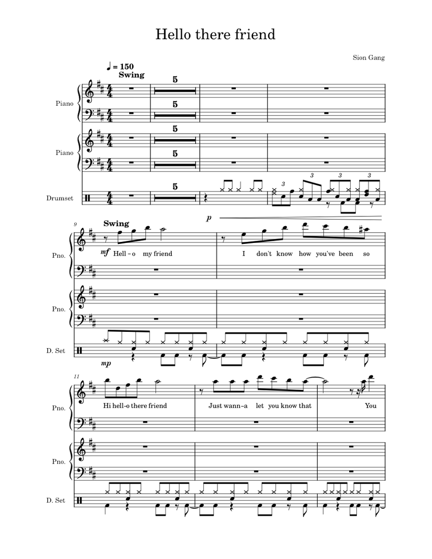 Hello There Friend | Instrumental Sheet music for Piano, Drum group ...