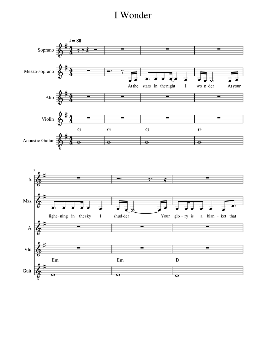 I Wonder LAA Cover Sheet music for Soprano, Alto, Mezzo soprano, Violin ...
