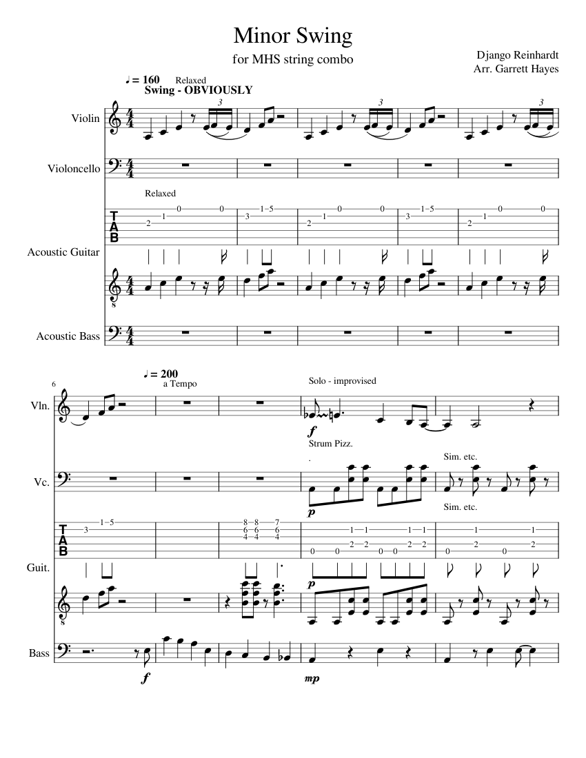 Minor Swing Sheet Music and Tab for Violin, Cello, Guitar, Bass guitar ...