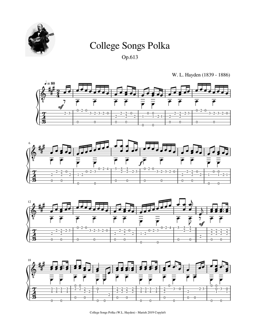 College Songs Polka - W.L. Hayden (1839- 1886) - Tablature Sheet Music ...
