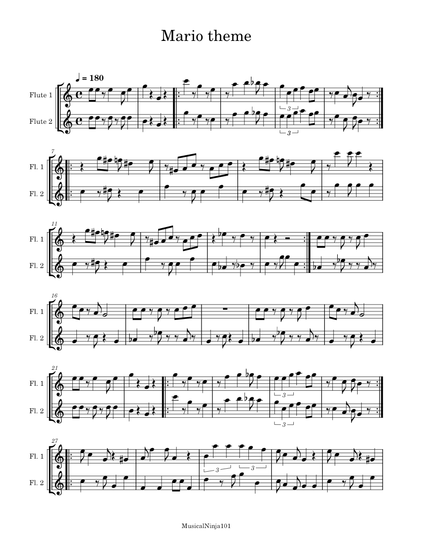 Super Mario Bros. Main Theme Sheet music for Flute (Woodwind Duet ...
